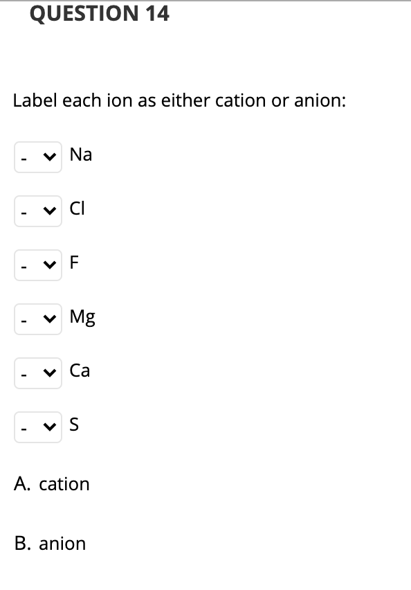 Solved QUESTION 14 Label each ion as either cation or anion: | Chegg.com