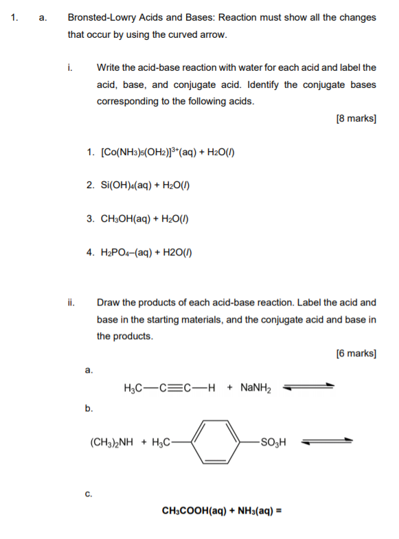 Solved 1. a. Bronsted-Lowry Acids and Bases: Reaction must | Chegg.com