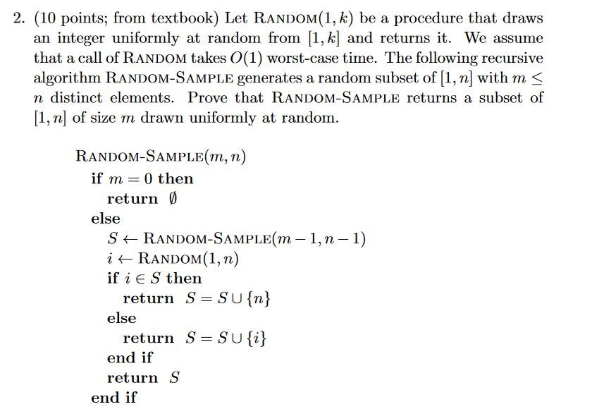 Solved (10 points; from textbook) Let RANDOM (1,k) be a | Chegg.com