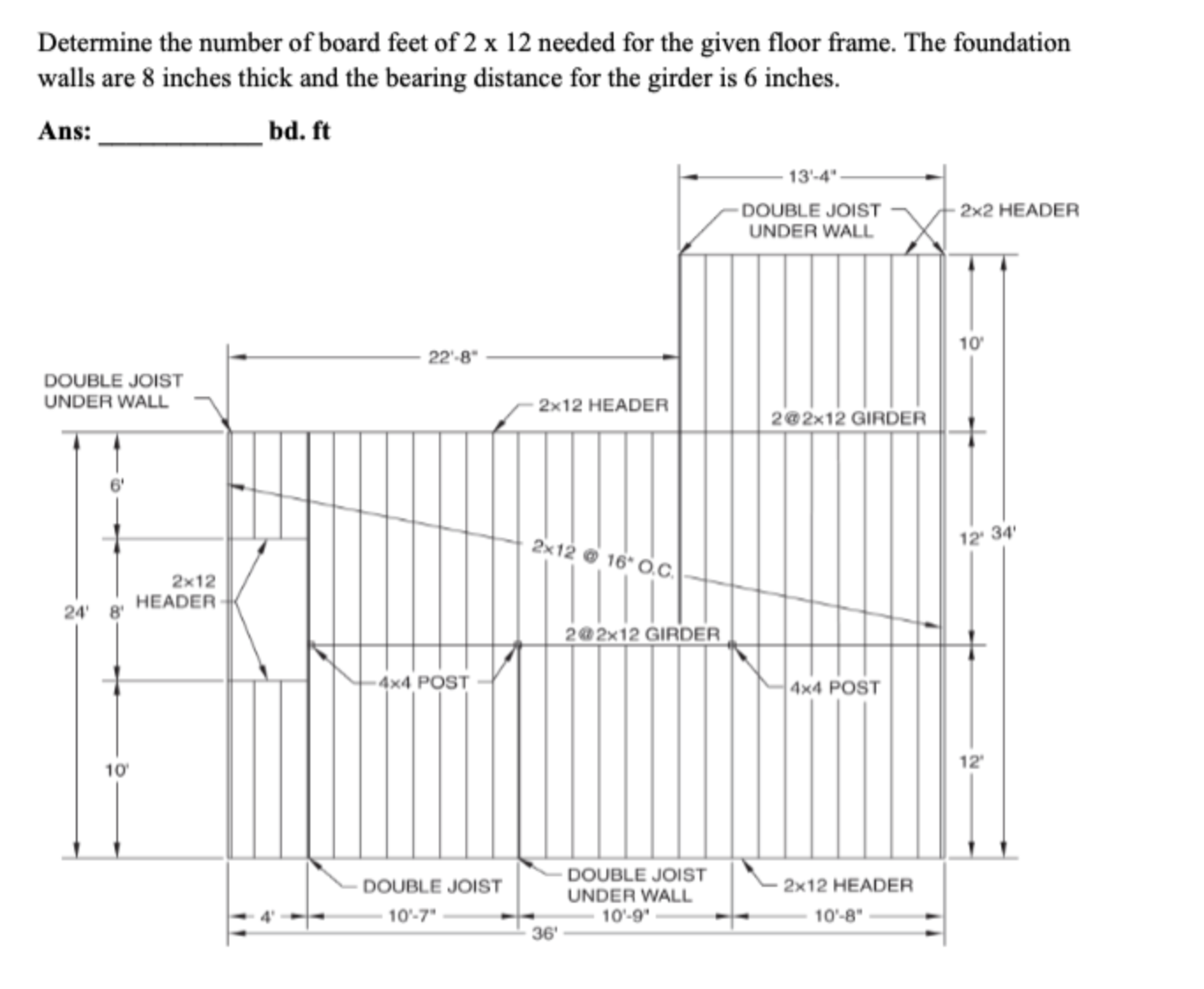 Solved Determine the number of board feet of 2×12 needed for | Chegg.com
