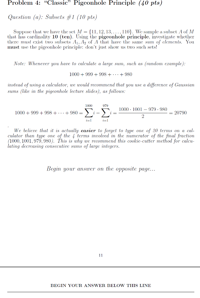 Problem 4: "Classic" Pigeonhole Principle (40 pts) | Chegg.com
