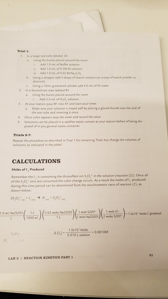 Report Sheet Reaction Kinetics Part 1 NAME: DATE: | Chegg.com