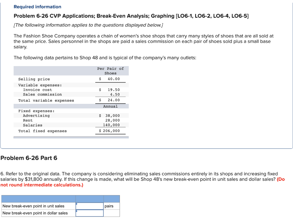 Solved Problem 6-26 CVP Applications; Break-Even Analysis; | Chegg.com