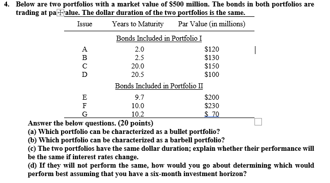 Solved 4. Below are two portfolios with a market value of | Chegg.com