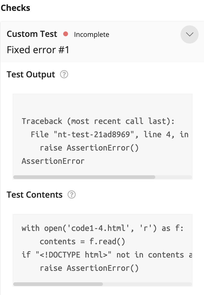 Checks Custom Test Incomplete Fixed error #1 Test | Chegg.com Checks Custom Test Incomplete Fixed error #1 Test | Chegg.com