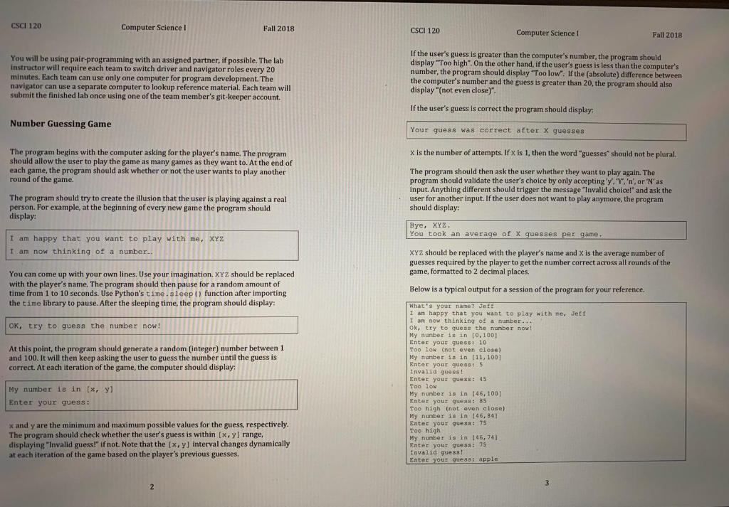 Solved CSCI 120 Computer Science I Fall 2018 CSCI 120 | Chegg.com