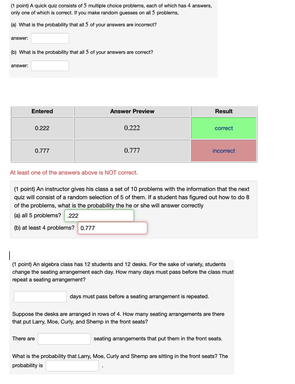 Solved (1 point) A quick quiz consists of 5 multiple choice | Chegg.com
