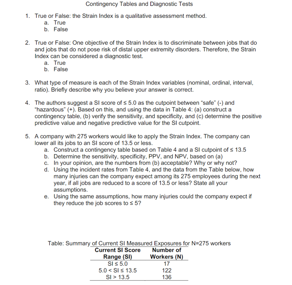 Solved Contingency Tables and Diagnostic Tests 1. True or | Chegg.com
