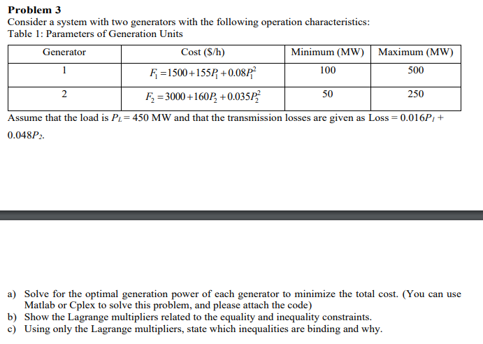 Solved Problem 3 Consider a system with two generators with | Chegg.com