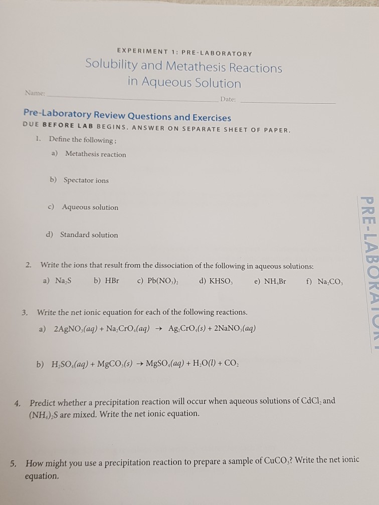 Solved EXPERIMENT 1: PRE-LABORATORY Solubility and | Chegg.com