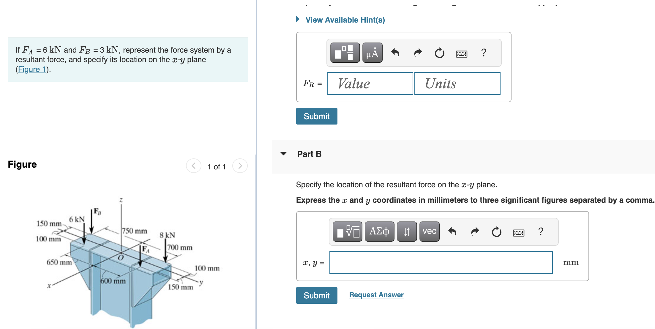 Solved If FA=6kN and FB=3kN, represent the force system by a | Chegg.com