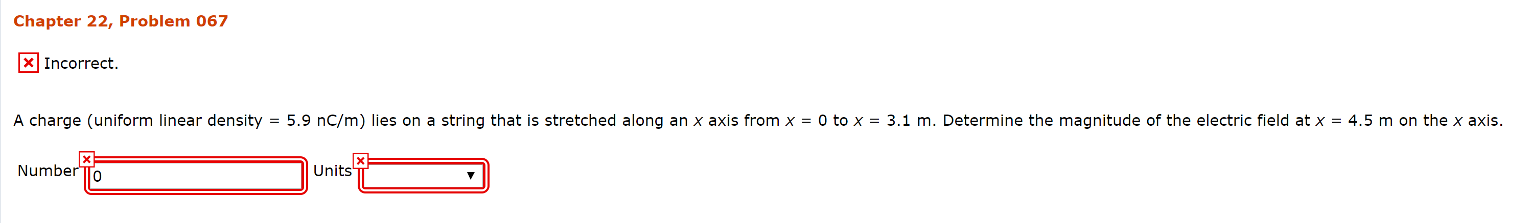 Solved Chapter 22, Problem 067 XIncorrect. 0 to x 3.1 m. | Chegg.com