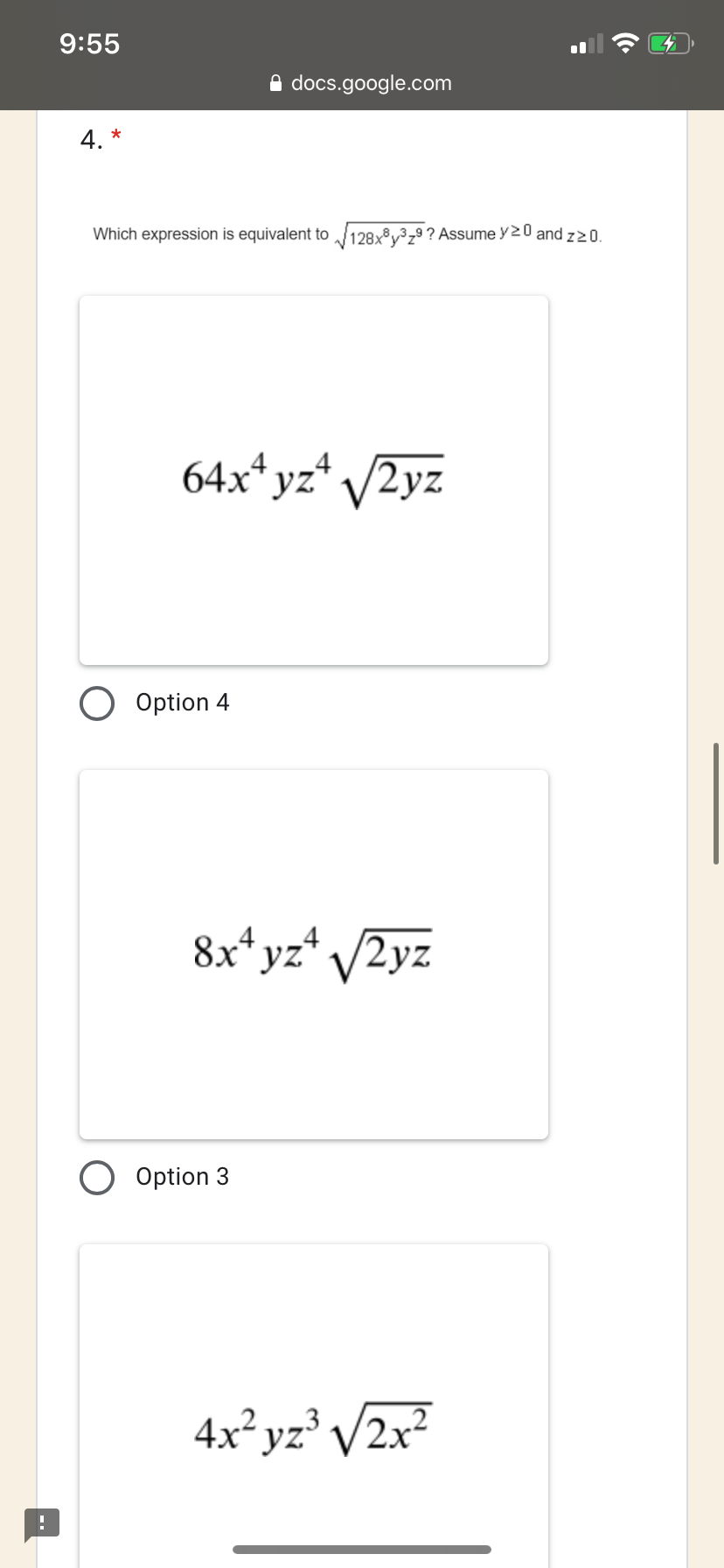 Solved 9:55 A docs.google.com 4. * Which expression is | Chegg.com