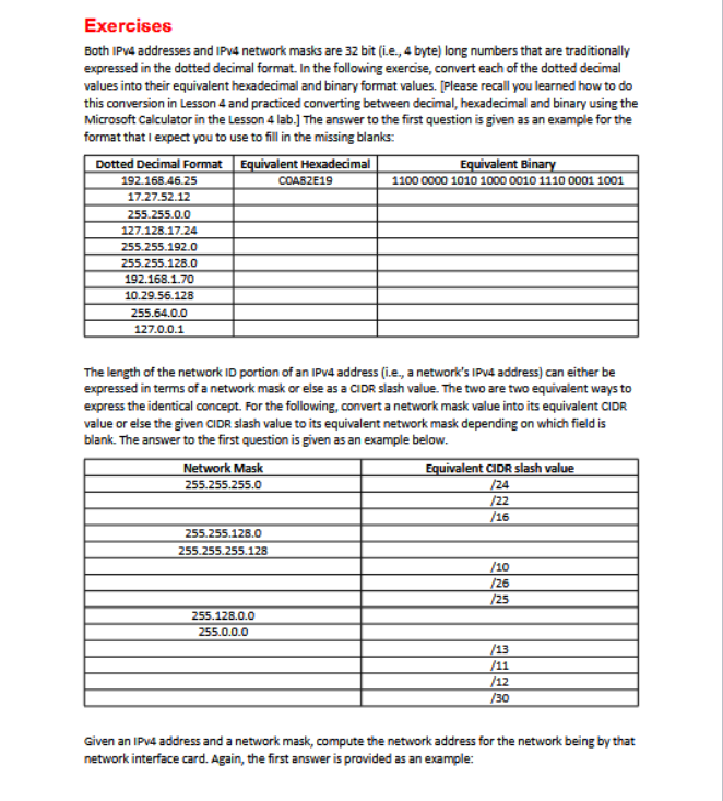 IPv4 Network Address Finding Exercises Before doing | Chegg.com
