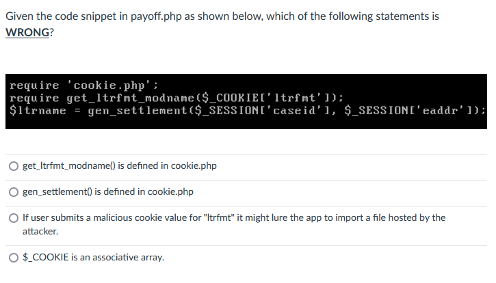 Solved Given the code snippet in payoff.php as shown below, | Chegg.com