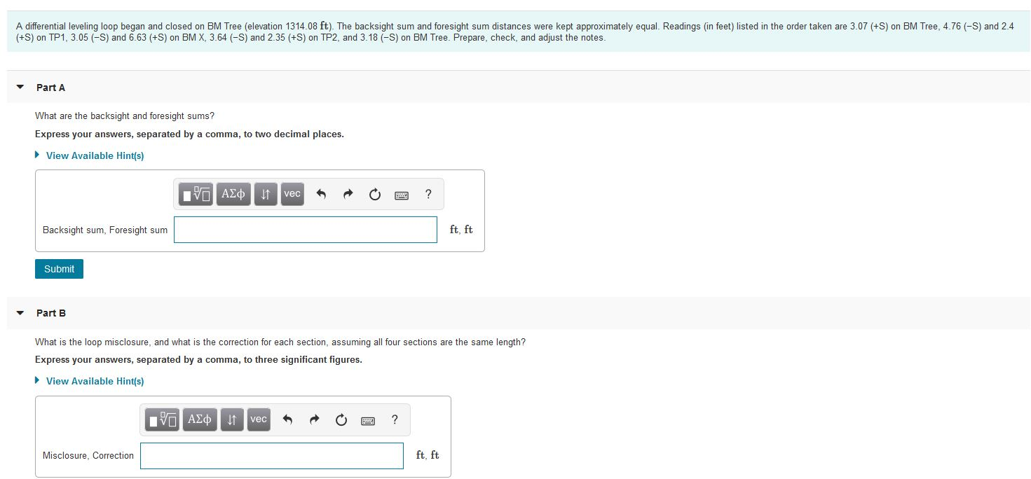 Solved A differential leveling loop began and closed on BM | Chegg.com