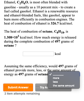 Solved Ethanol, C2H60, is most often blended with gasoline - | Chegg.com