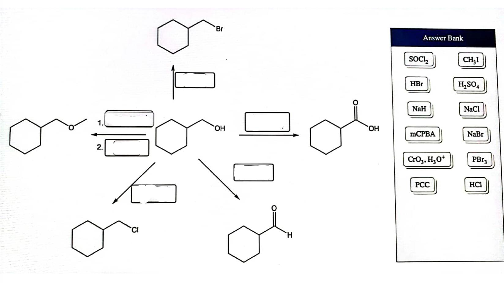 Solved Br Answer Bank SOCI, CH,1 HBr н,SO4 NaH NaCl 1. ОН ОН | Chegg.com