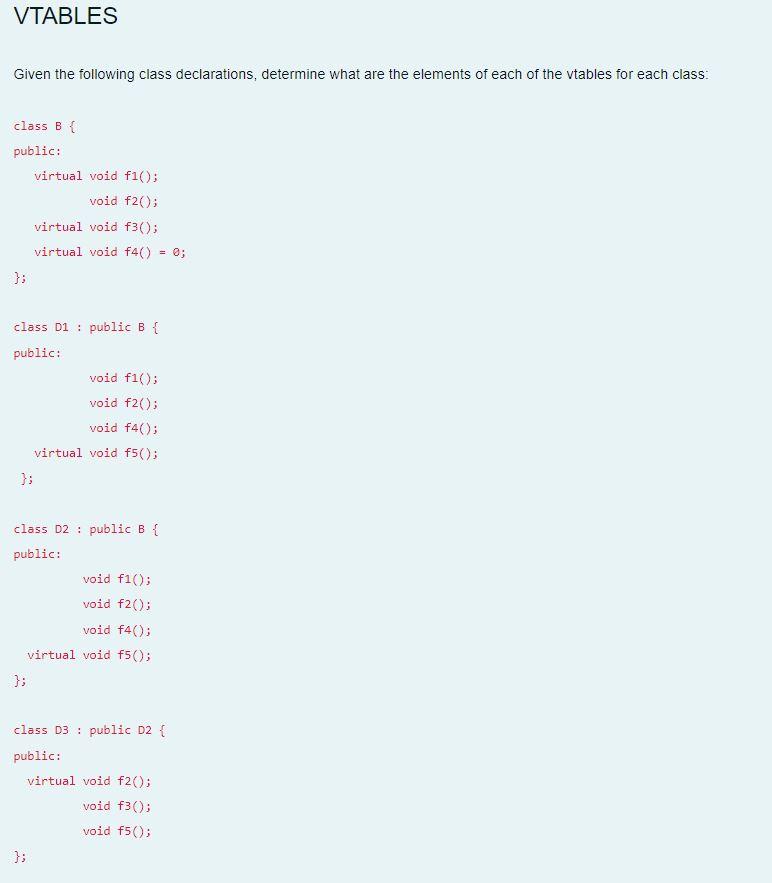 Solved VTABLES Given the following class declarations, | Chegg.com