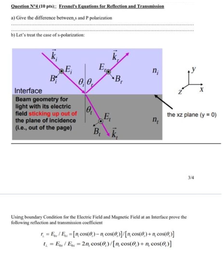 Solved Question Nº4 (10 pts): Fresnel's Equations for | Chegg.com
