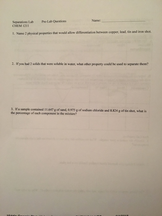 Solved Name: Separations Lab CHEM 1211 Pre-Lab Questions 1. | Chegg.com