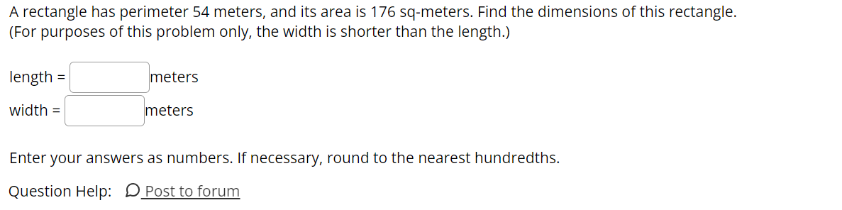 Solved A rectangle has perimeter 54 meters, and its area is | Chegg.com