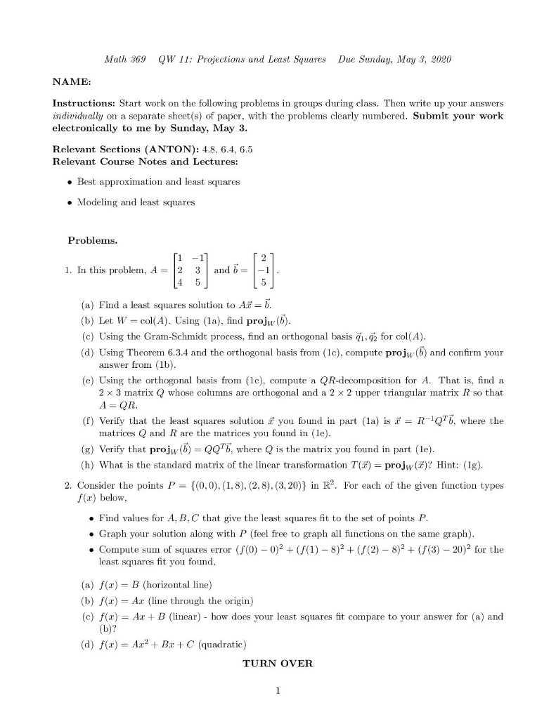 Solved Math 369 Qw 11 Projections And Least Squares Due