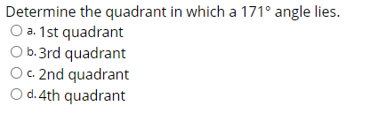 Solved Determine the quadrant in which a 171° ﻿angle | Chegg.com