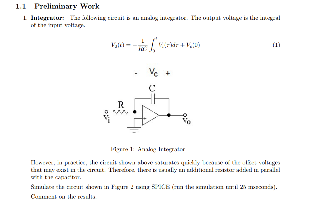 Solved 1.1 Preliminary Work 1. Integrator: The following | Chegg.com