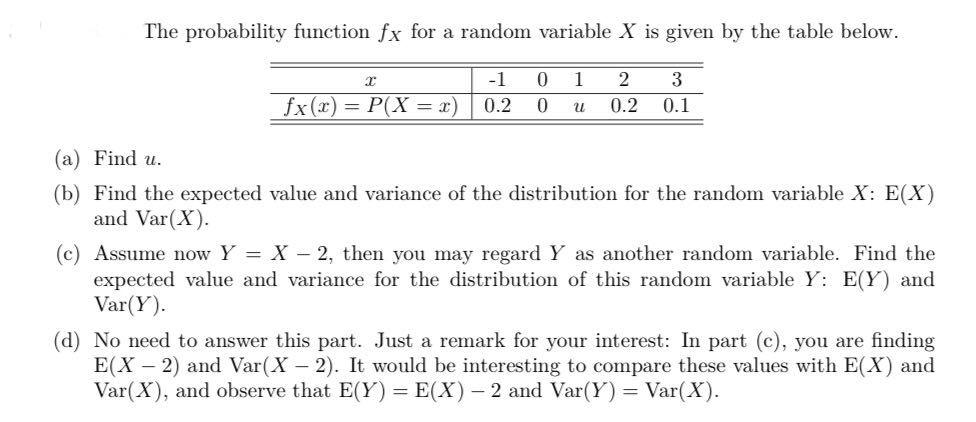 Solved The probability function fX for a random variable X | Chegg.com