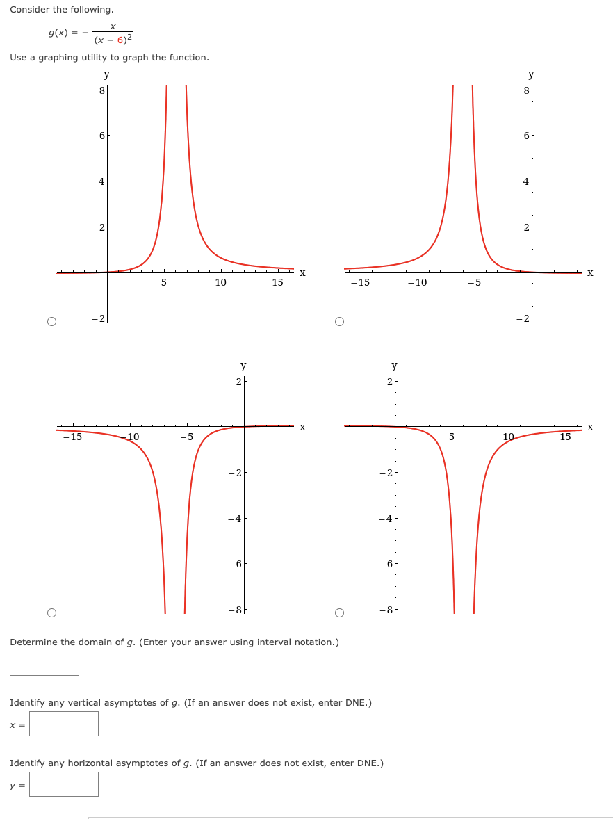 Solved Consider the following. g(x)=−(x−6)2x Use a graphing | Chegg.com
