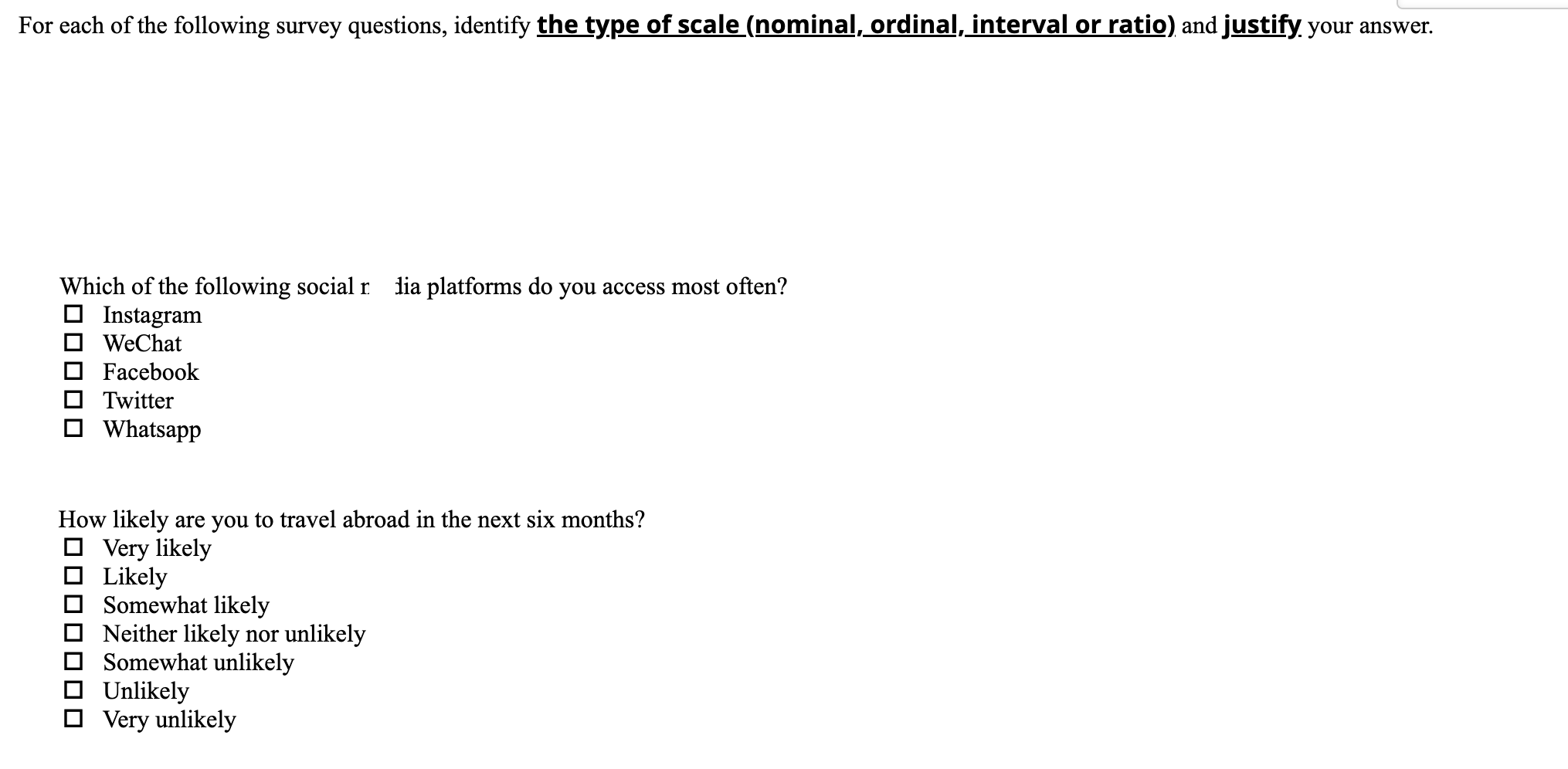Solved For each of the following survey questions, identify | Chegg.com