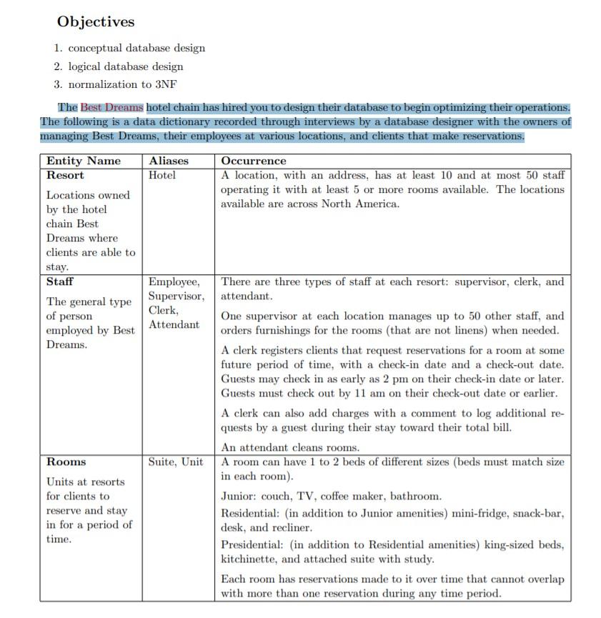 Solved Objectives 1. conceptual database design 2. logical | Chegg.com