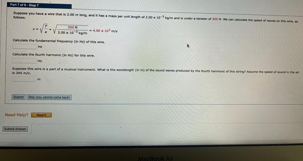 Solved Part 7 of 8 - Step 7 follows. v=μF=2.00×10−3 kg/m320 | Chegg.com