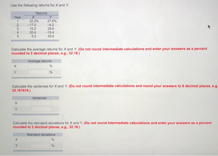 Solved Use the following returns for X and Y Returns 1.22.2% | Chegg.com