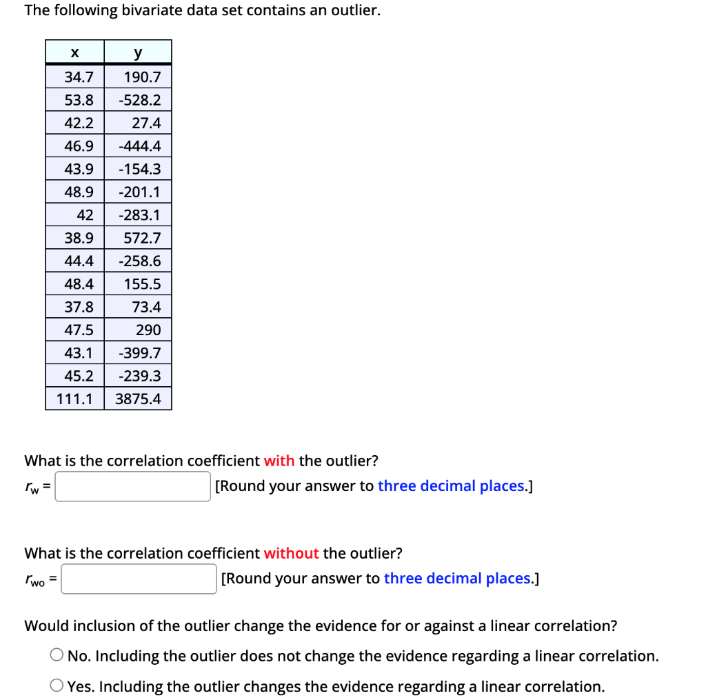 Solved The following bivariate data set contains an outlier. | Chegg.com