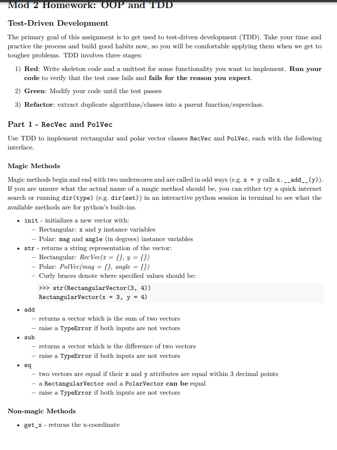 Solved Mod 2 Homework: OOP and TDD Test-Driven Development | Chegg.com