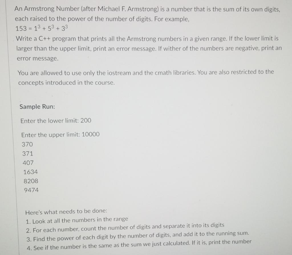 Solved An Armstrong Number (after Michael F. Armstrong) is a | Chegg.com