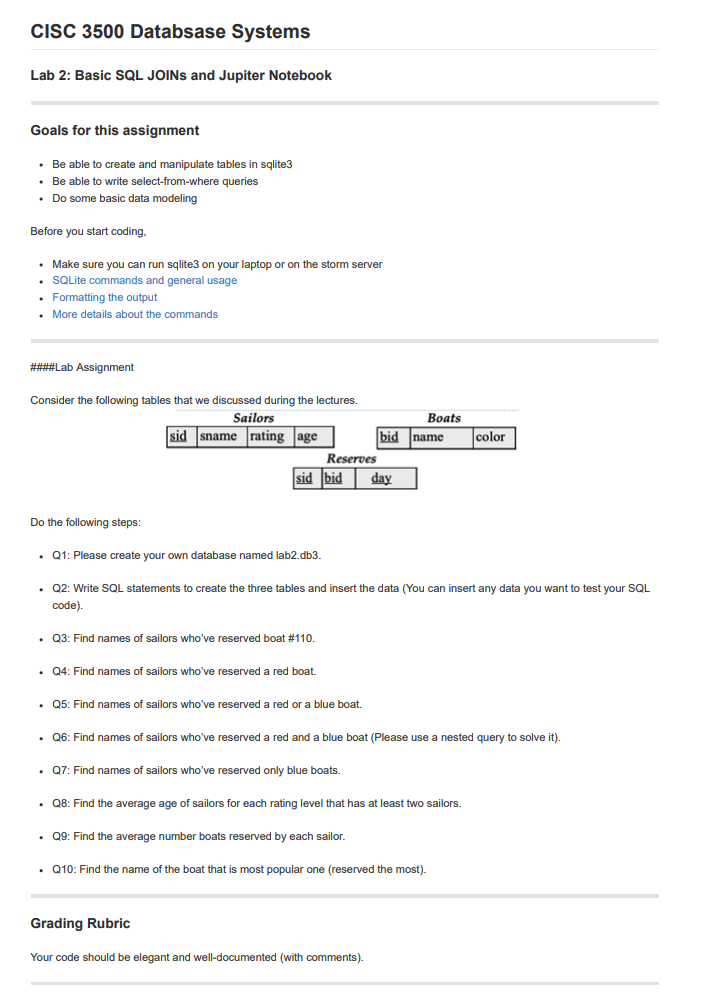 Solved CISC 3500 Databsase Systems Lab 2: Basic SQL JOINs | Chegg.com