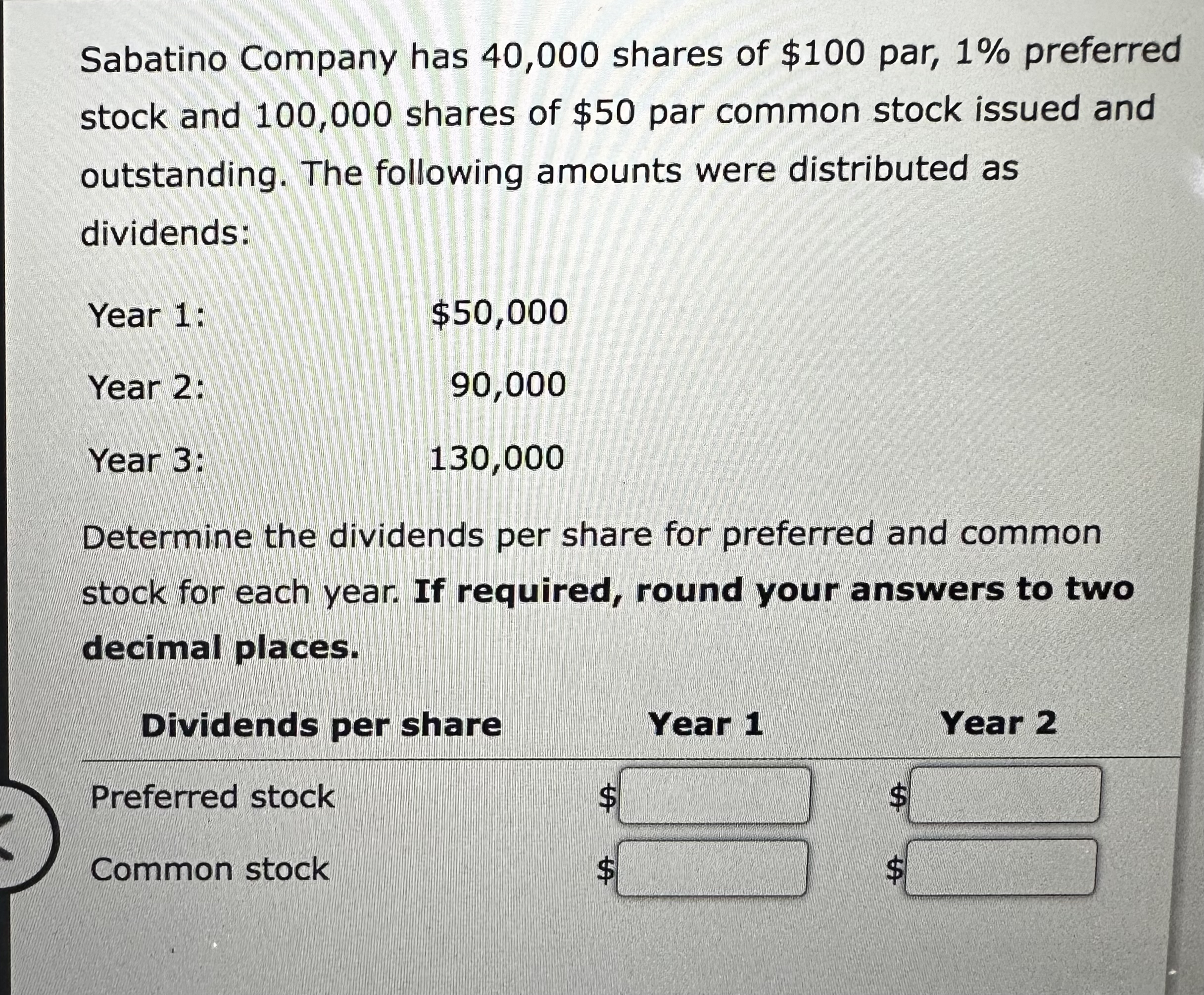 Solved Sabatino Company has 40,000 shares of $100 par, 1% | Chegg.com Solved Sabatino Company has 40,000 shares of $100 par, 1% | Chegg.com
