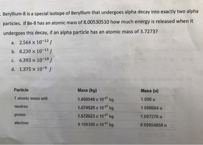 Solved Berylium-8 is a special isotope of Beryllium that | Chegg.com