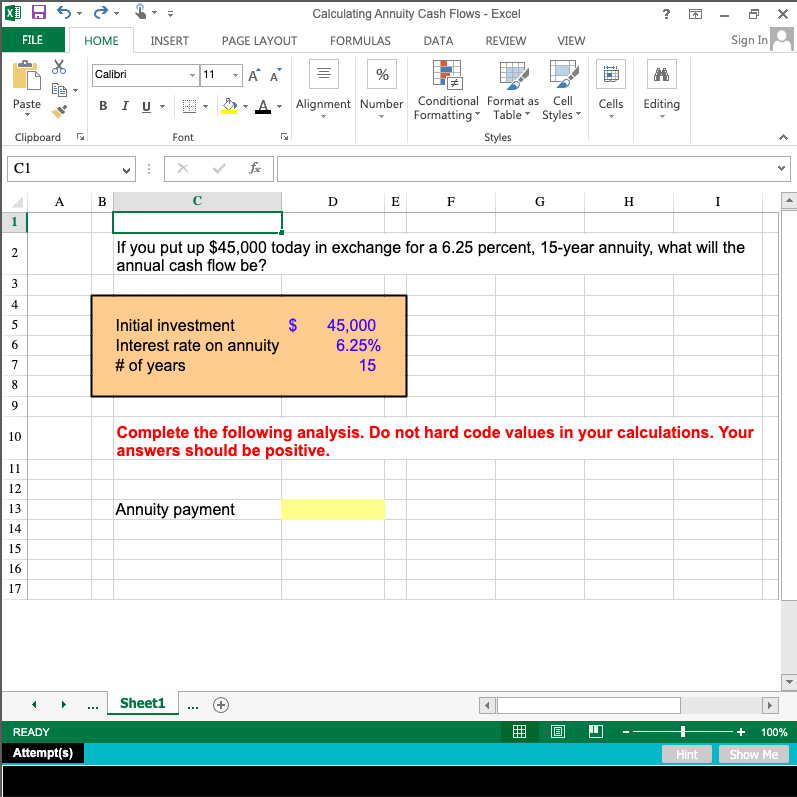 Solved Calculating Annuity Cash Flows - Excel Sign In FILE | Chegg.com