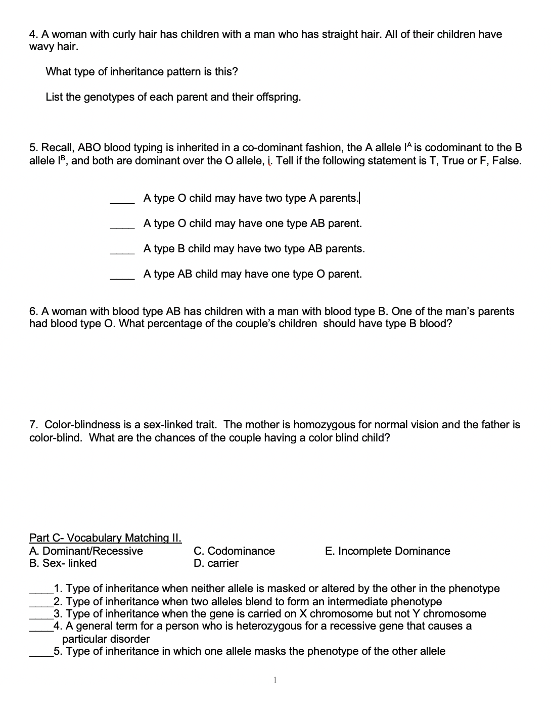 Solved Part A-Vocabulary Matching A. alleles D. recessive F. | Chegg.com