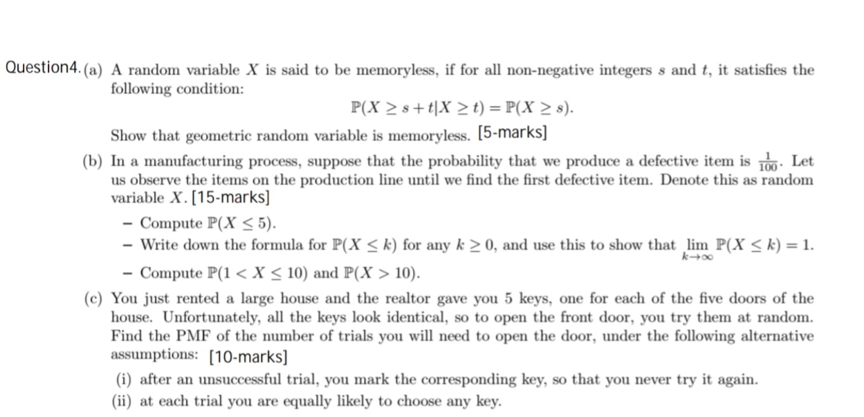 Solved n4. (a) A random variable X is said to be memoryless, | Chegg.com