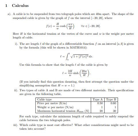 Solved 1 Calculus a). A cable is to be suspended from two | Chegg.com