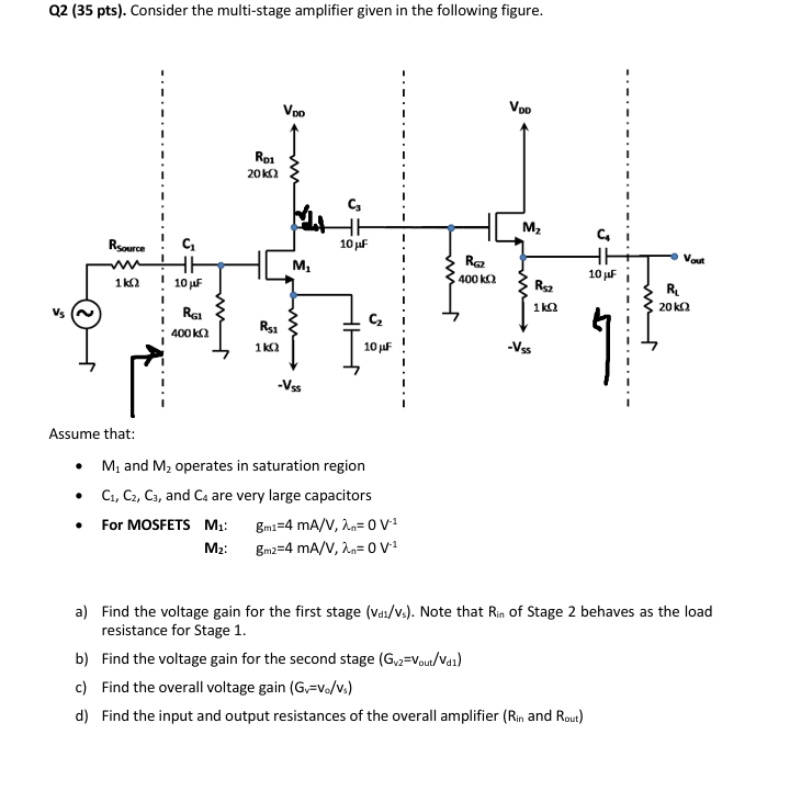 Solved Q2 (35 pts). ﻿Consider the multi-stage amplifier | Chegg.com