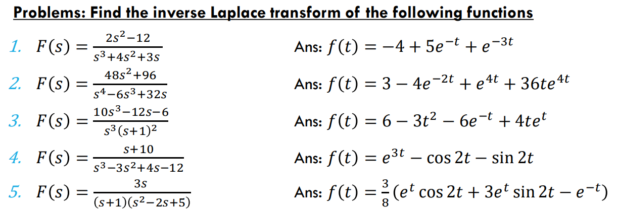 Solved Problems: Find the inverse Laplace transform of the | Chegg.com