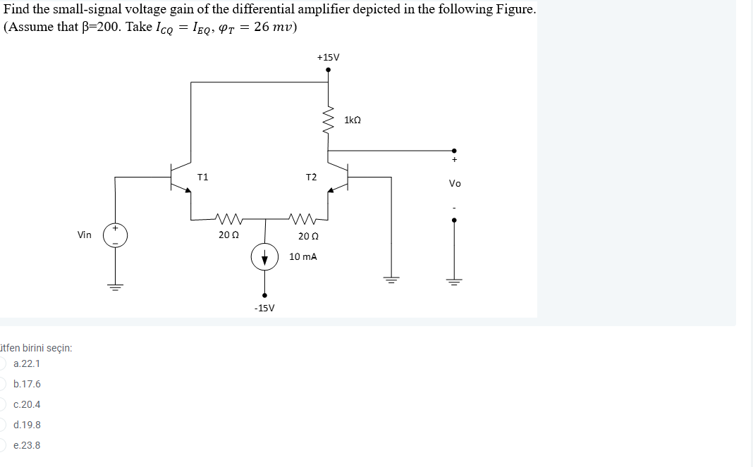 [Solved]: Find the small-signal voltage gain of the differe