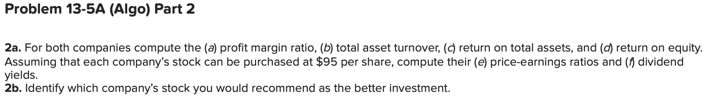 Solved Required information Problem 13-5A (Algo) Comparative | Chegg.com