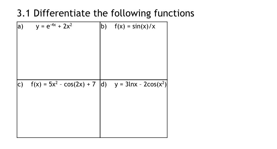 Solved 3.1 Differentiate the following functions | Chegg.com